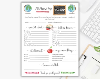 All About My Teacher Printable Questionnaire, Teacher Favorite Things ...