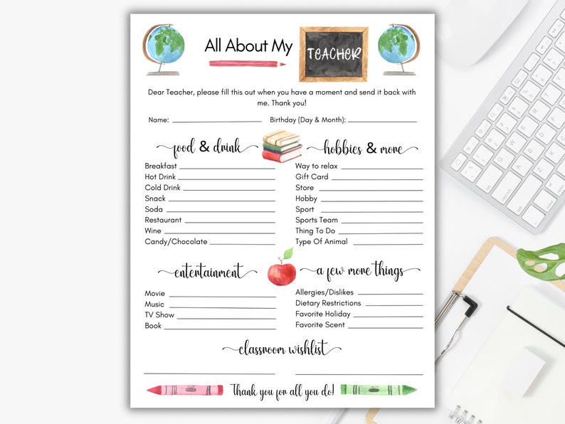 All About My Teacher Printable Questionnaire, Teacher Favorite Things ...