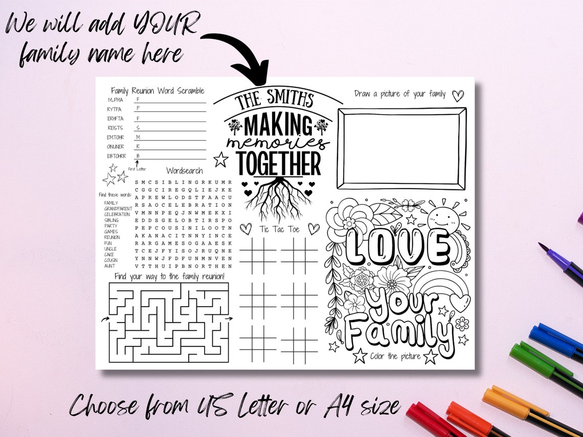 Printable Family Reunion Coloring Placemat for Kids, Family Activity ...