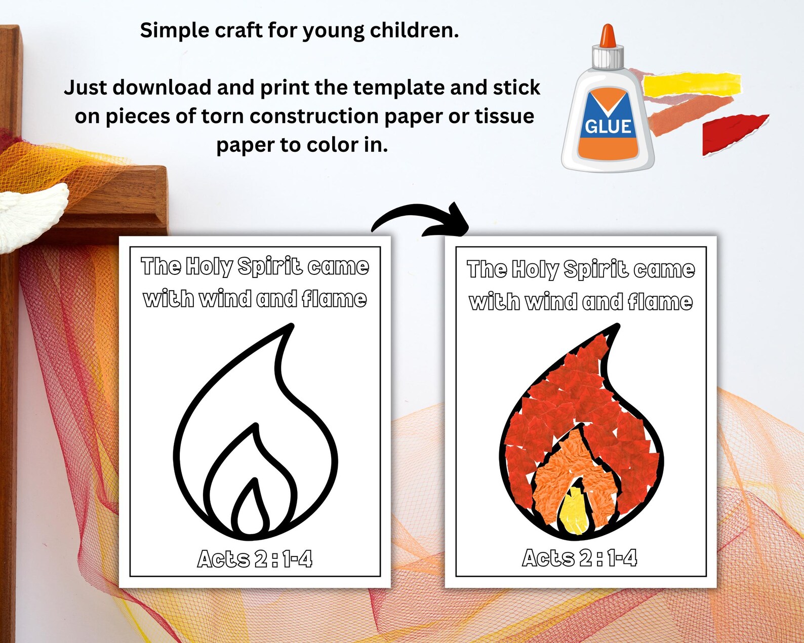 Pentecost Bible Craft Printable, Torn Paper Craft, Coloring Page, Kids ...