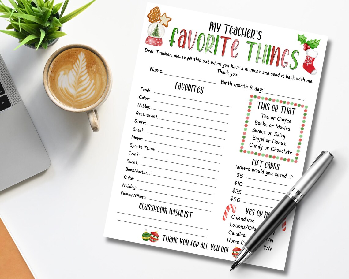 Christmas Teacher Favorite Things Questionnaire, Printable Survey ...