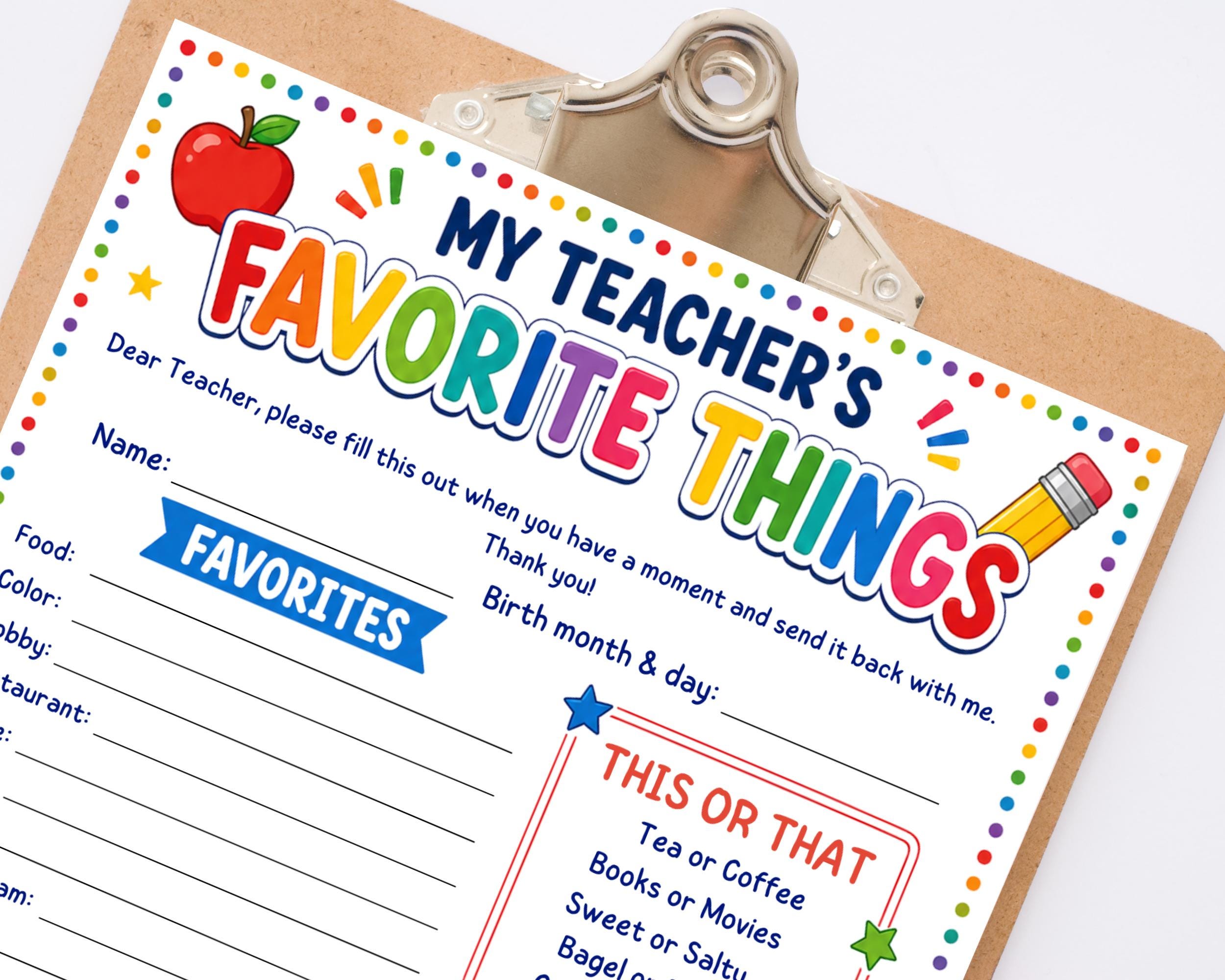 Teacher Favorite Things Questionnaire, Printable Teacher Survey ...