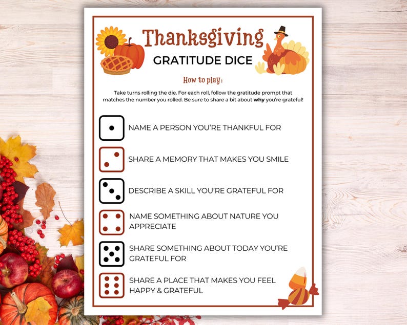 Thanksgiving Gratitude Dice Game, Printable Thanksgiving Game for Kids ...