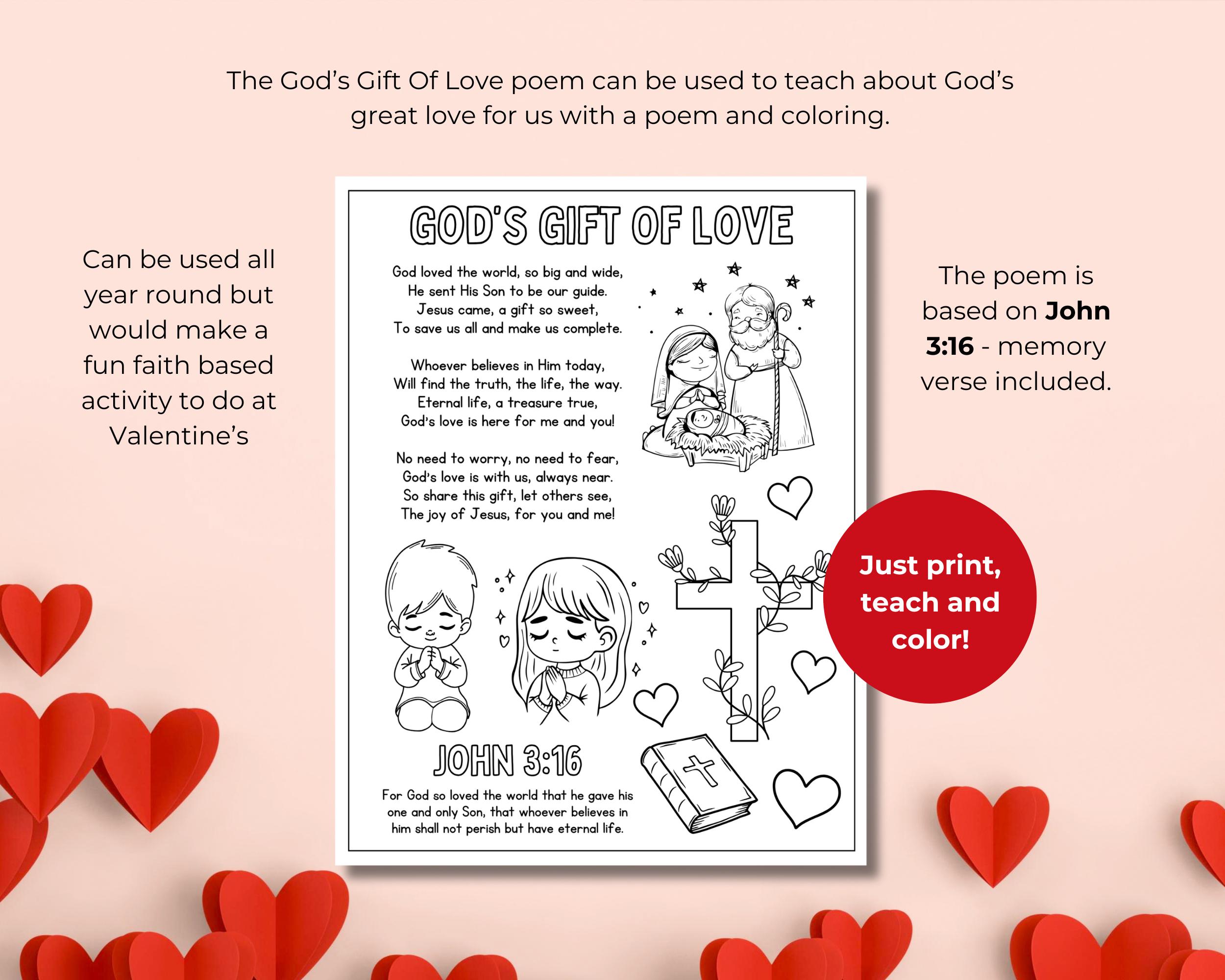 John 3:16 Printable Coloring Page, Valentine's Day Bible Activity, God ...