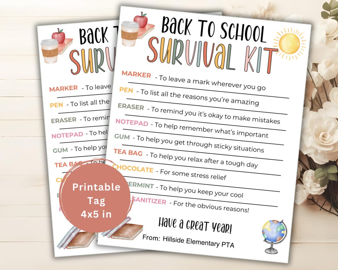 Back to School Survival Kit Tag, DIY Gift From PTA PTO, School Survival ...