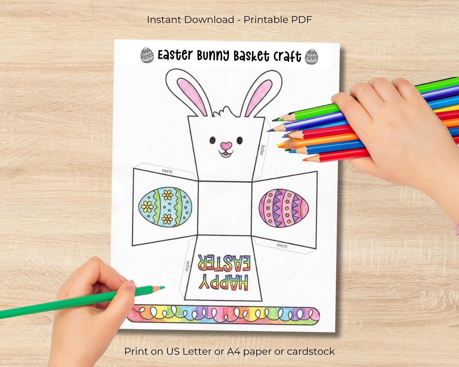 Easter Bunny Basket Craft for Kids, Easter Coloring Craft, Cut & Paste ...