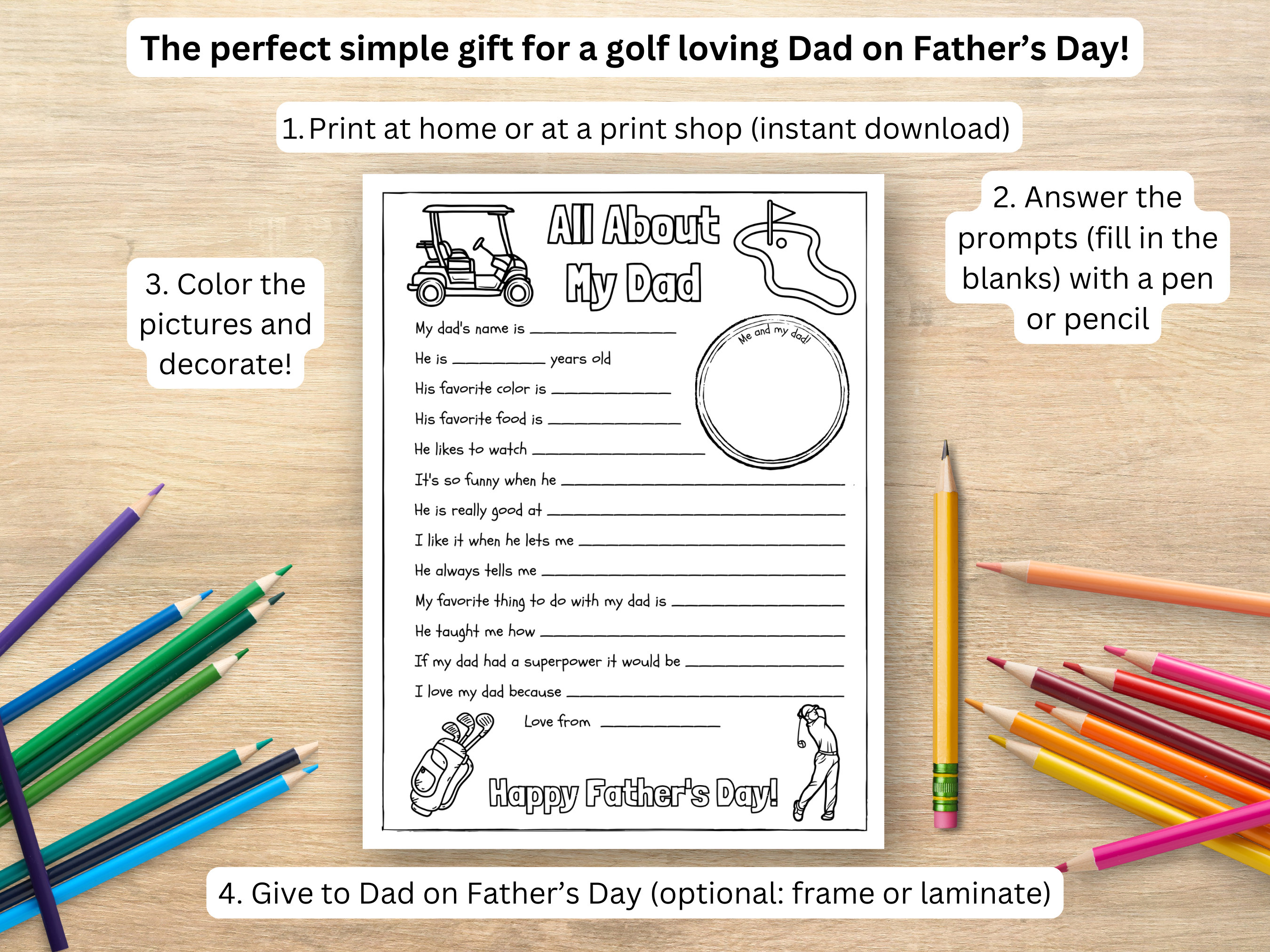 All About My Dad Printable, Father's Day Questionnaire, Golf Gift for ...