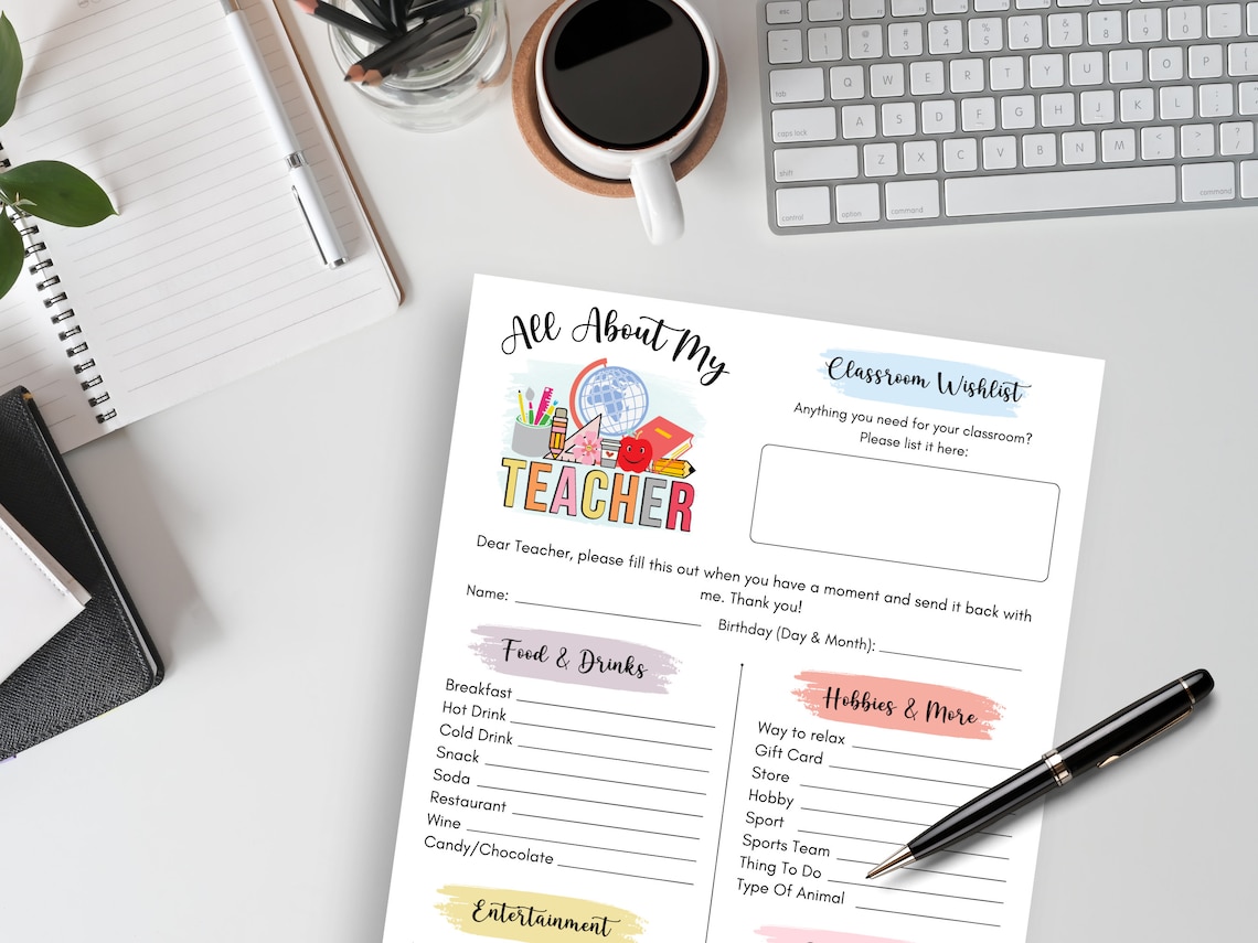 All About My Teacher Printable Questionnaire All About Me - Etsy