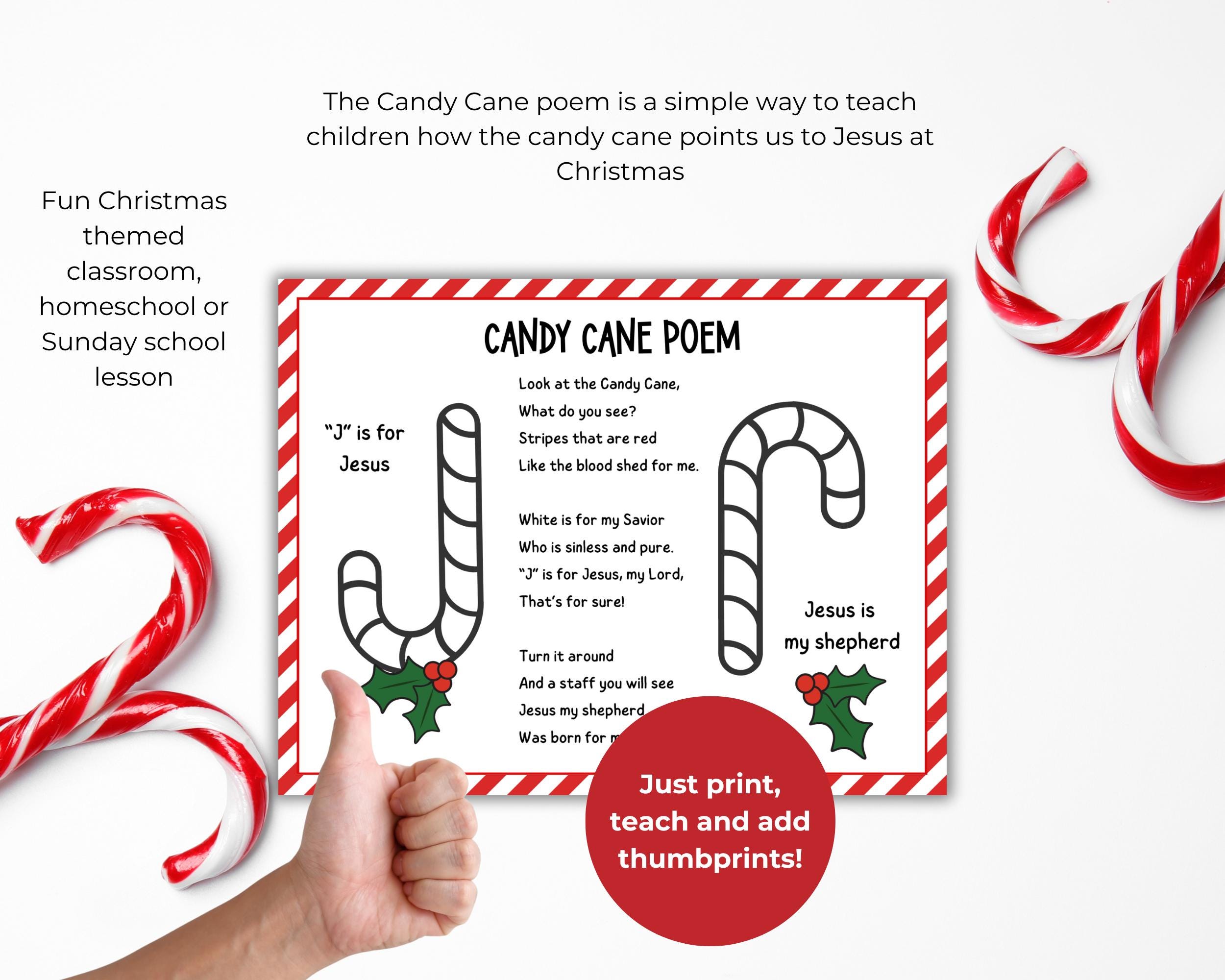 Candy Cane Poem Thumbprint Art, Legend of the Candy Cane Bible Lesson ...