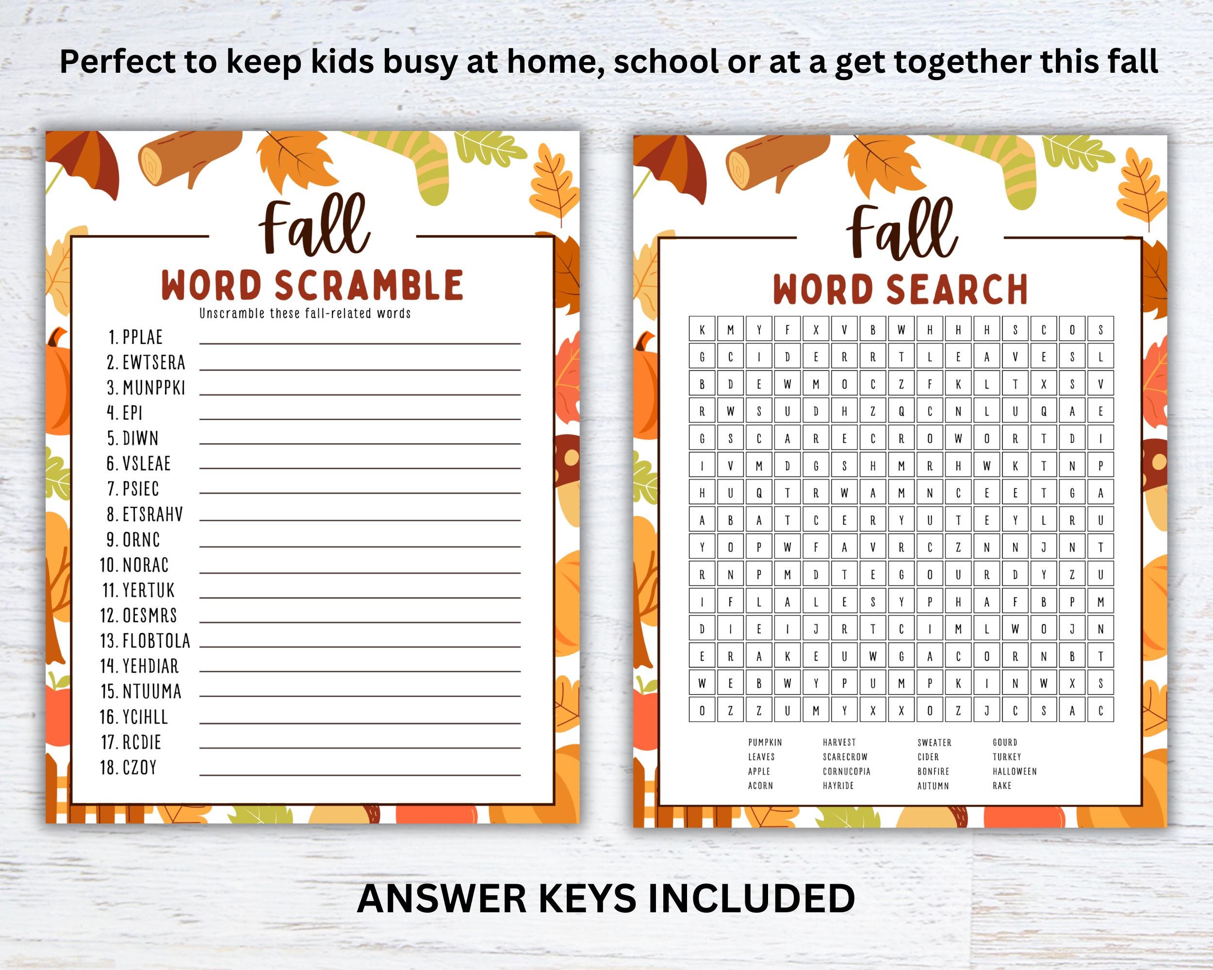 Fall Word Search & Word Scramble Puzzle, Printable Fall Games, Autumn ...