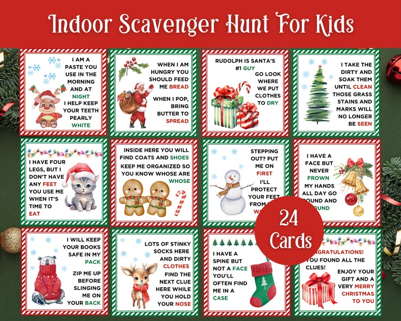 Indoor Christmas Scavenger Hunt for Kids, Christmas Treasure Hunt Cards, 24 Clues, Christmas ...