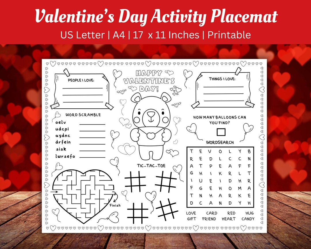 Printable Valentines Activity Placemat, Coloring Page, Valentine's Day ...