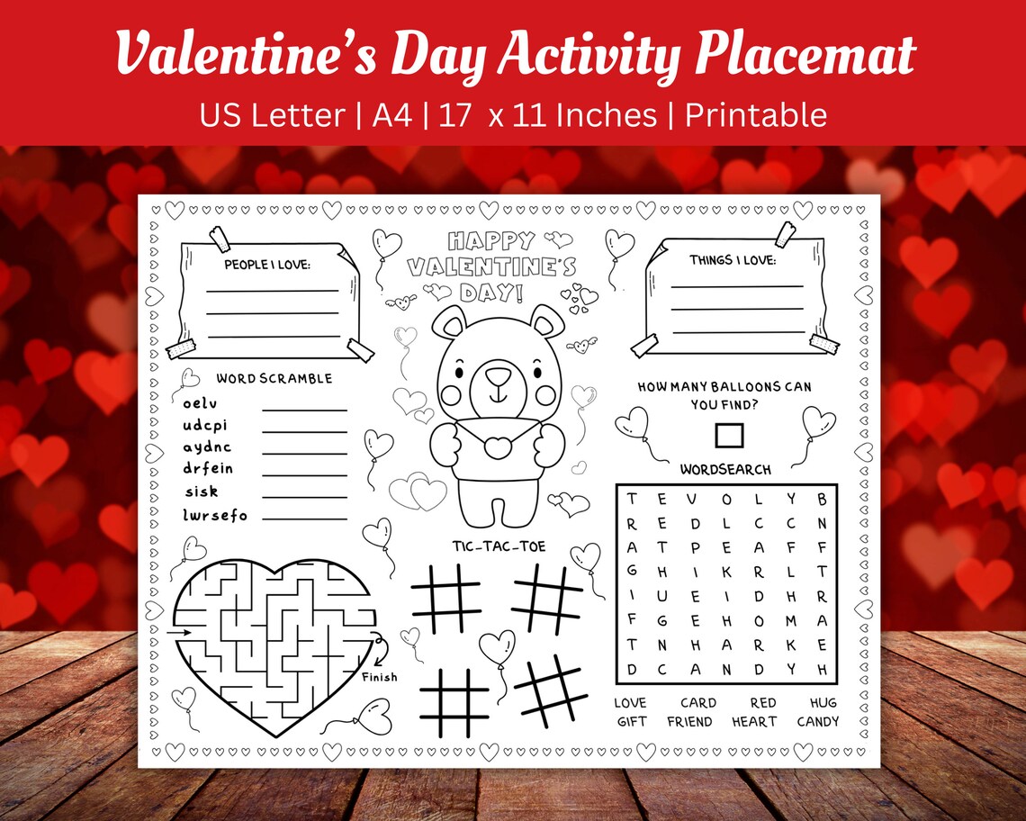 Printable Valentines Activity Placemat, Coloring Page, Valentine's Day ...