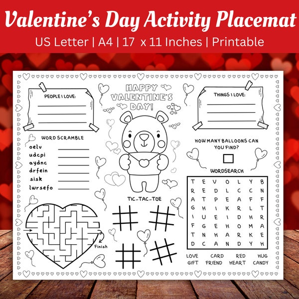 Valentines Activity Placemat - Etsy