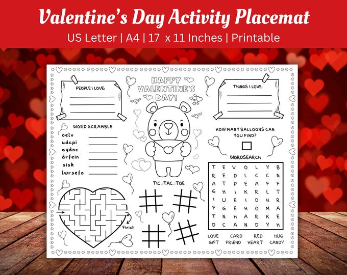 Editable Kids Valentine's Day Activity Placemat, Valentine's Party ...