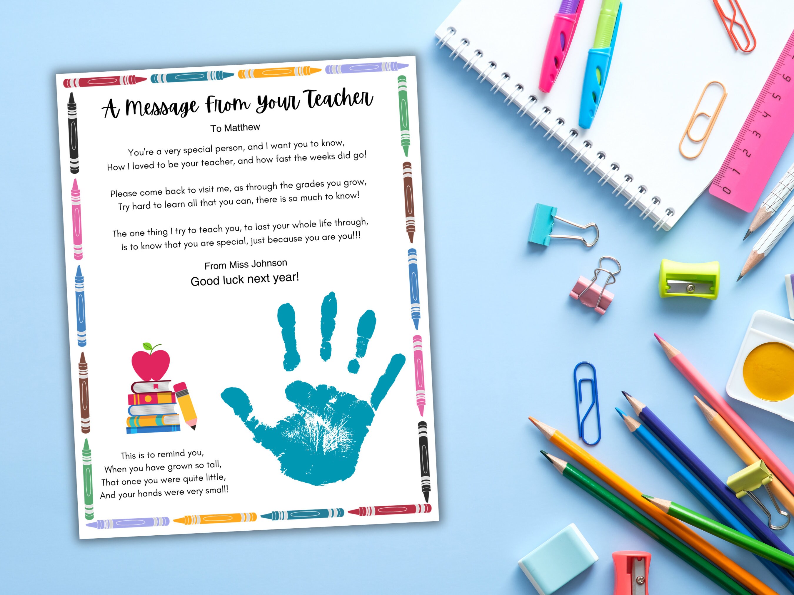 End of School Year Poem Gift From Teacher to Student, Handprint Art ...