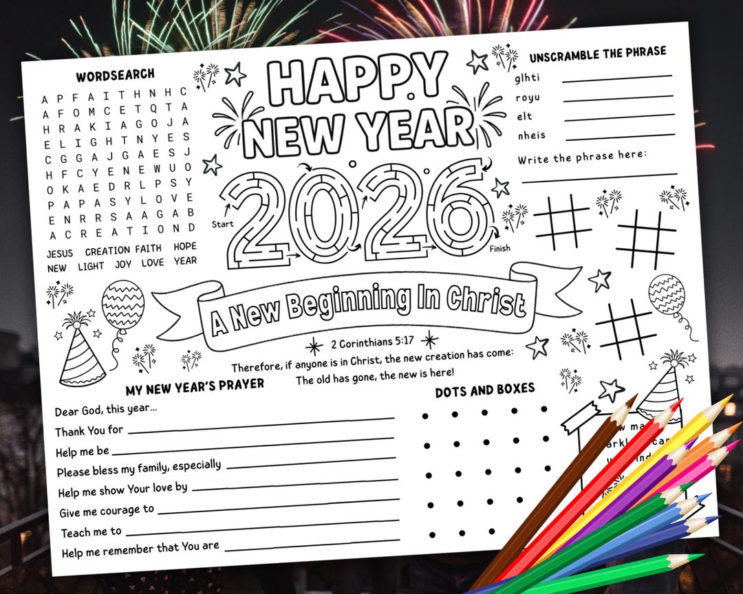 New Year Activity Placemat 2026, Coloring Page for Kids, Printable ...
