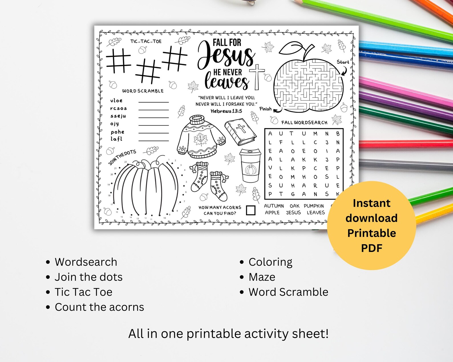 Fall for Jesus He Never Leaves Activity Placemat Printable, Christian ...