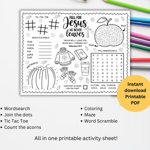 Fall for Jesus He Never Leaves Activity Placemat Printable, Christian ...