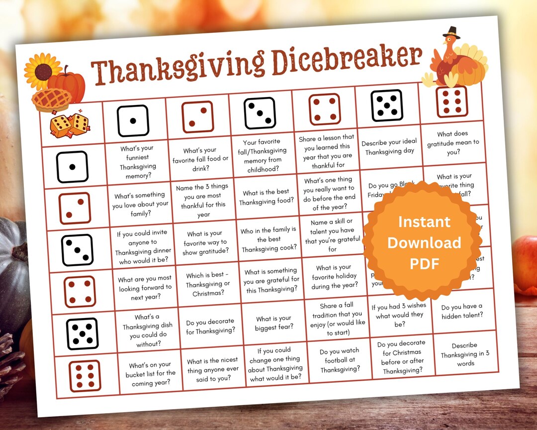Thanksgiving Dicebreaker Icebreaker Game, Get to Know You, Gratitude ...