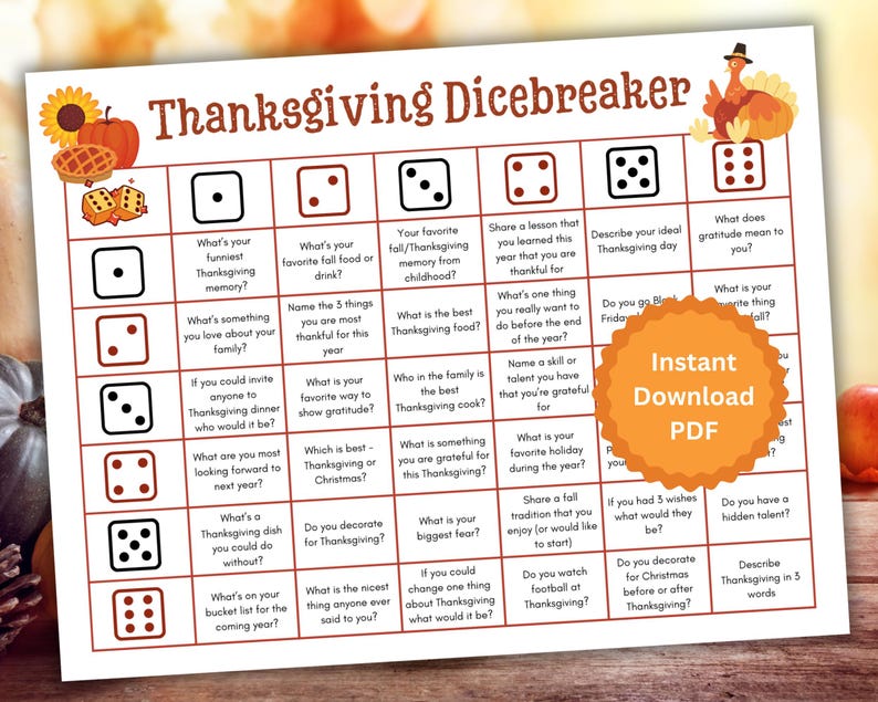 Thanksgiving Dicebreaker Icebreaker Game, Get to Know You, Gratitude ...