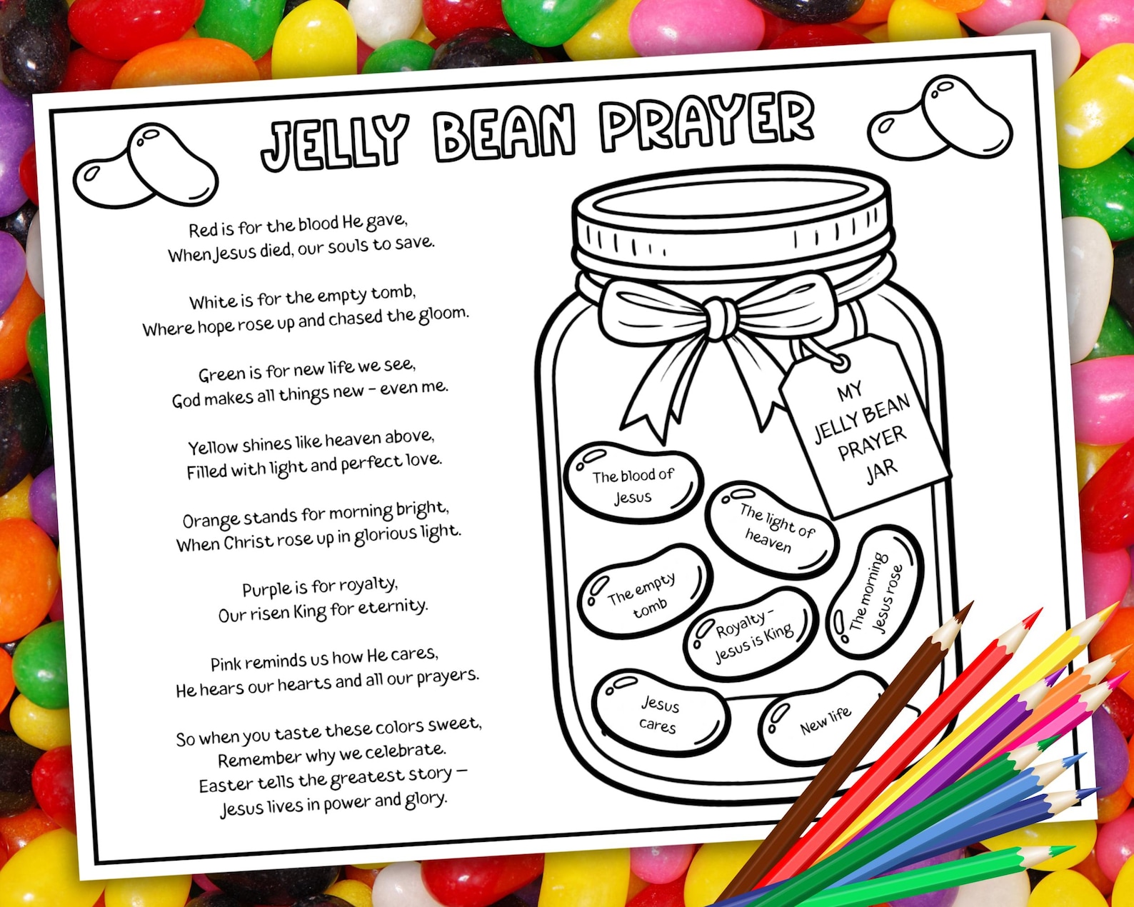 Jelly Bean Prayer Coloring Page Printable, Jelly Bean Poem, Christian ...