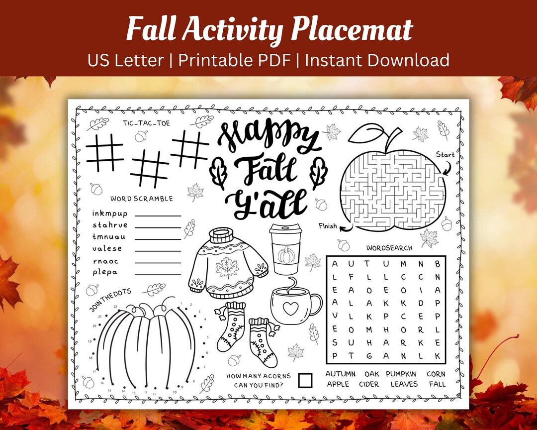 Printable Fall Activity Placemat, Fall Coloring Page, Autumn Activity ...