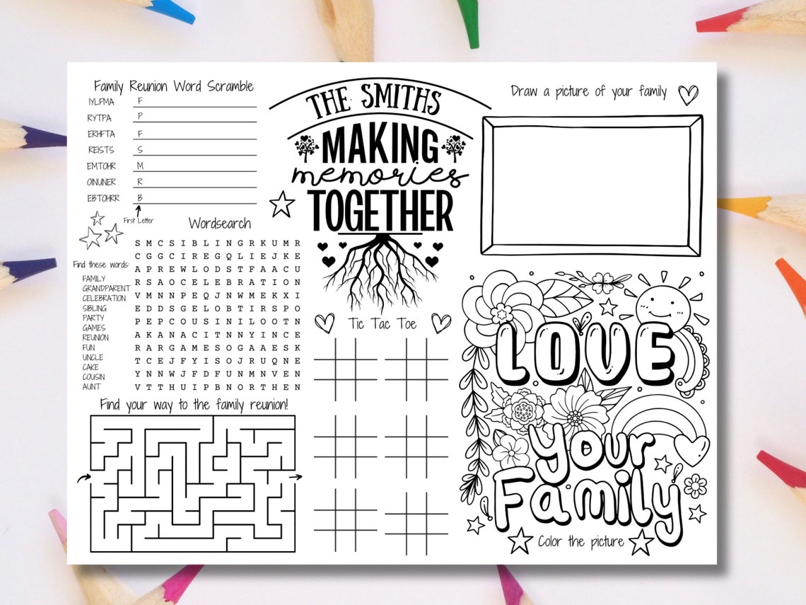 Printable Family Reunion Coloring Placemat for Kids, Family Activity ...