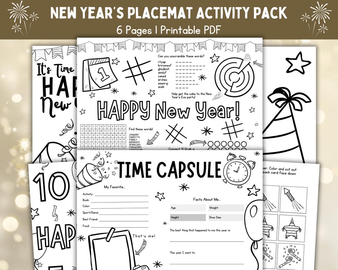 Printable New Year's Activity Placemat, New Year's Coloring Pages, Kids ...