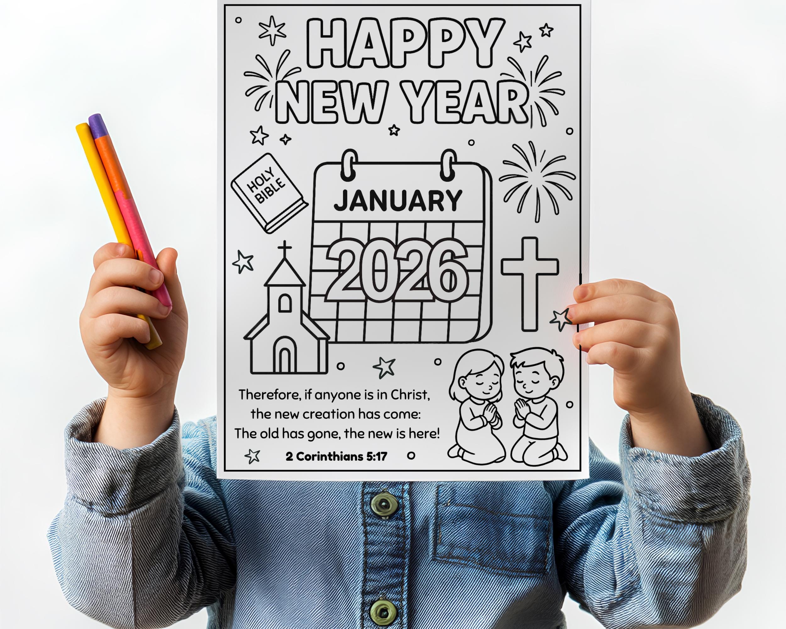 New Year's Bible Coloring Page Printable, 2 Cor 5:17 Memory Verse, NYE ...