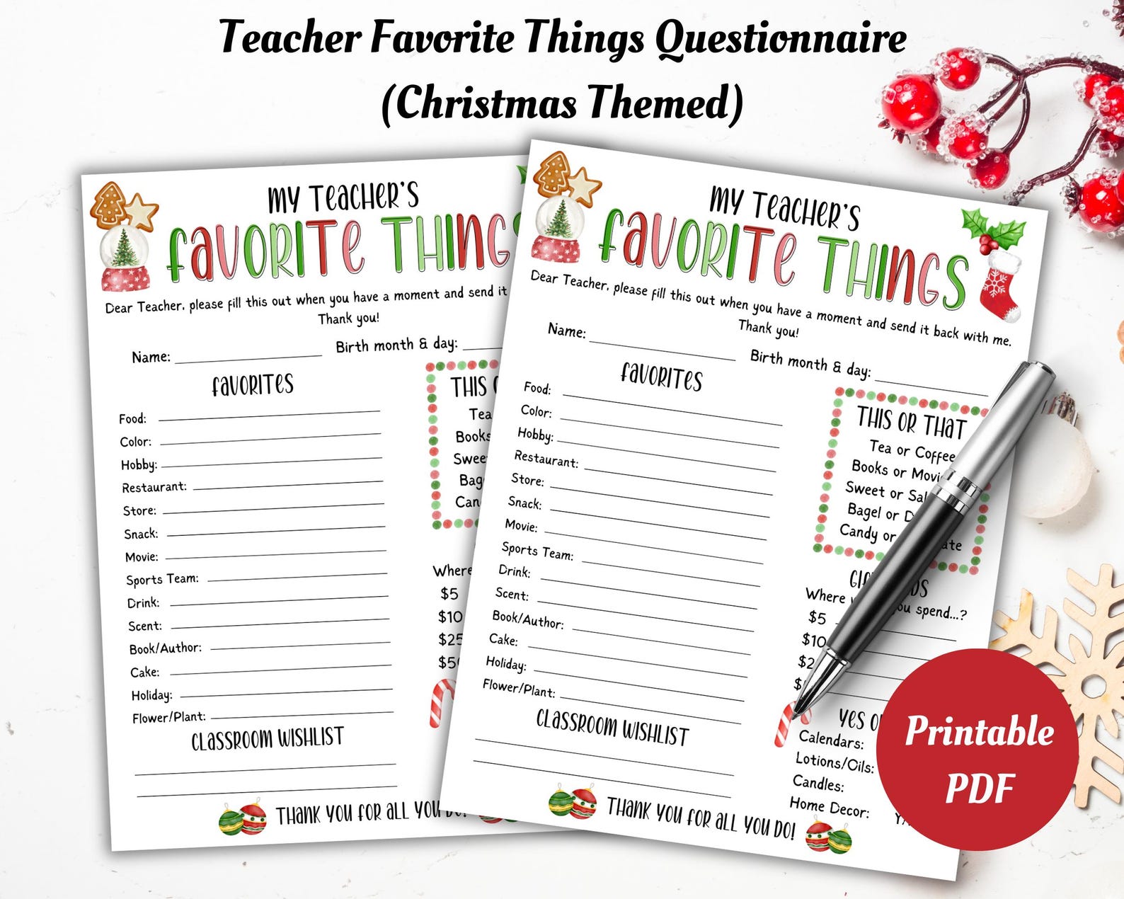 Christmas Teacher Favorite Things Questionnaire, Printable Survey ...