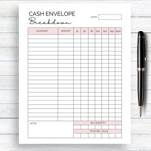 Cash Envelope Breakdown Printable, Cash Tracker Template, Cash ...