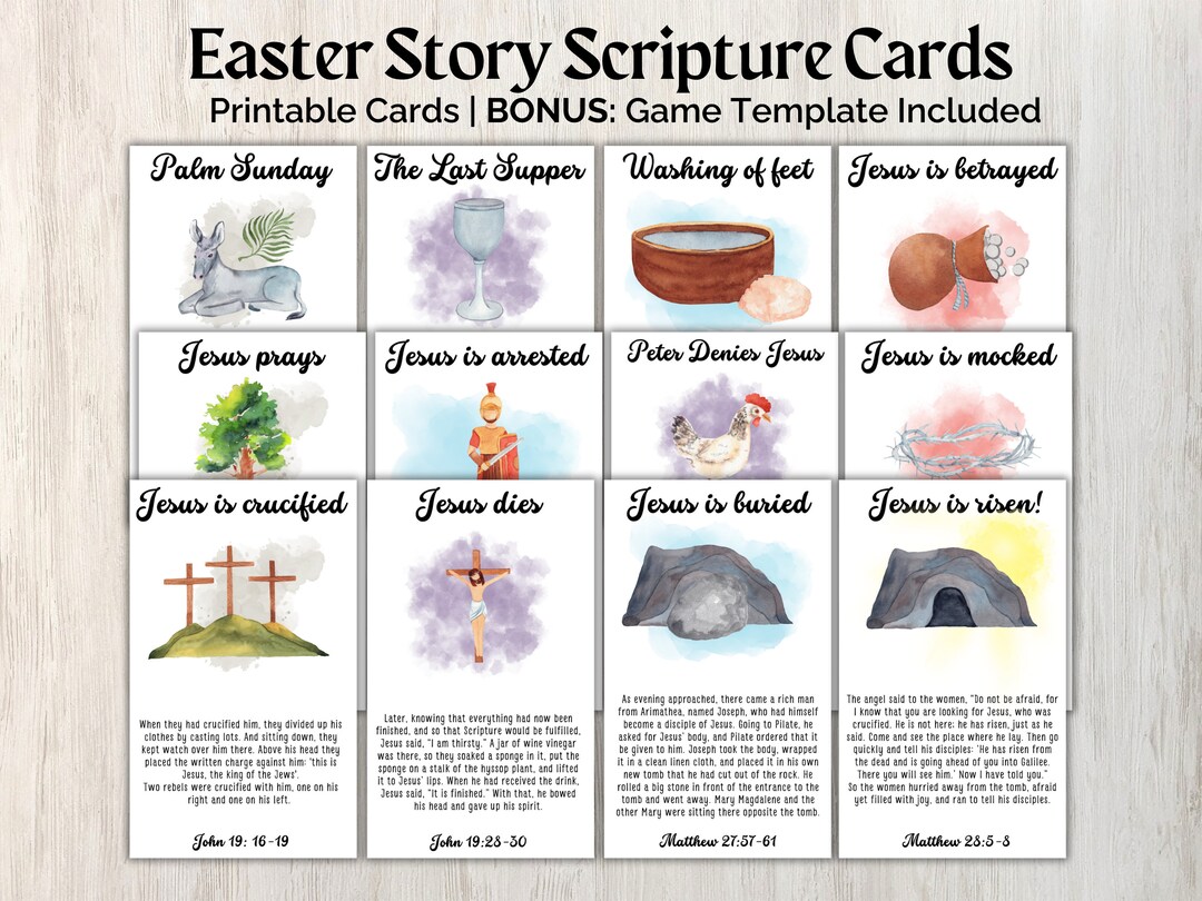 Easter Story Scripture Cards for Kids, Printable Bible Verse Cards ...