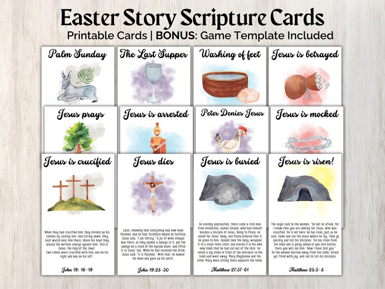 Easter Story Scripture Cards for Kids, Printable Bible Verse Cards ...