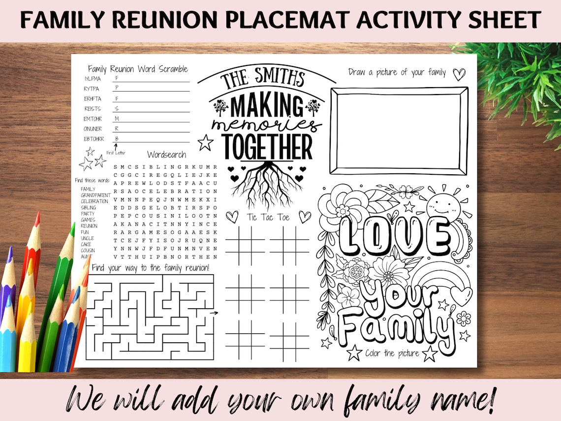 Printable Family Reunion Coloring Placemat for Kids, Family Activity ...