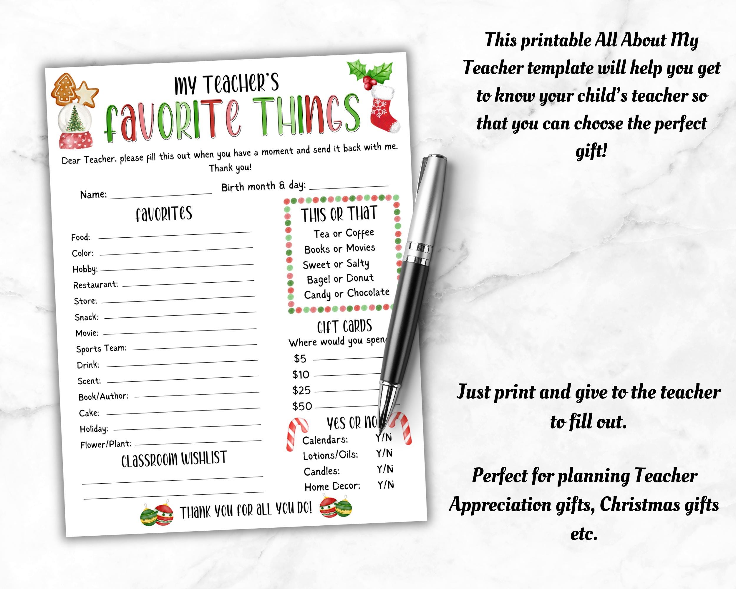 Christmas Teacher Favorite Things Questionnaire, Printable Survey ...