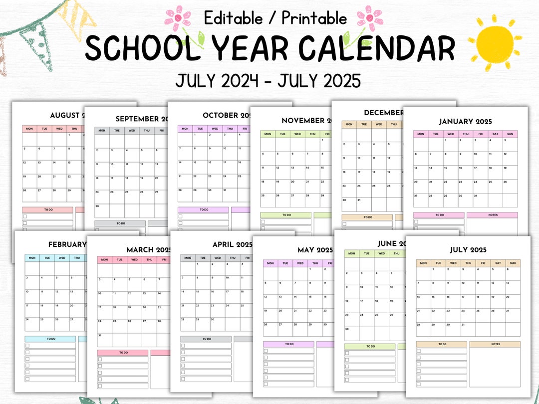 2024-2025 Editable Printable School Year Calendar Portrait Monthly ...