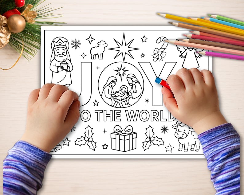 Joy to the World Coloring Page Printable, Nativity Bible Coloring Sheet ...