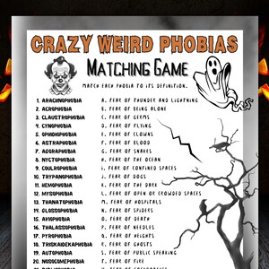 Name the Phobia Trivia Matching Game, Printable Halloween Game, Quiz ...