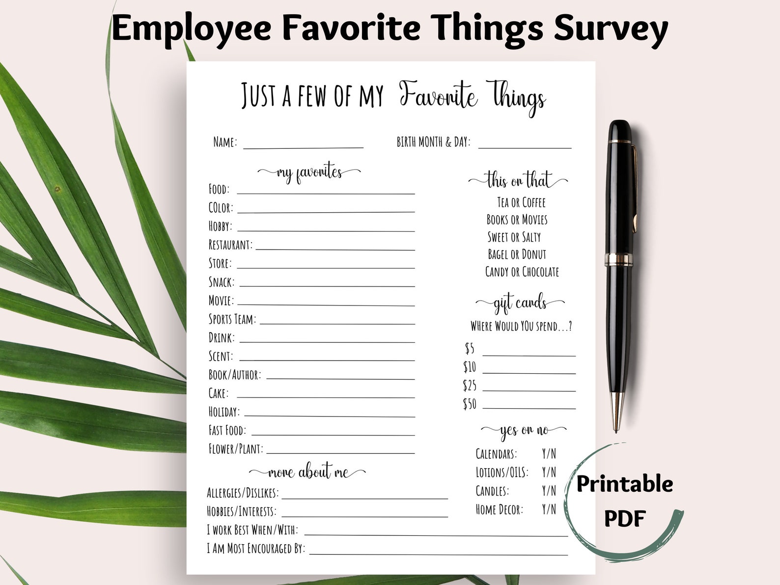 Employee Favorite Things Survey, Coworker Questions Printable, All ...