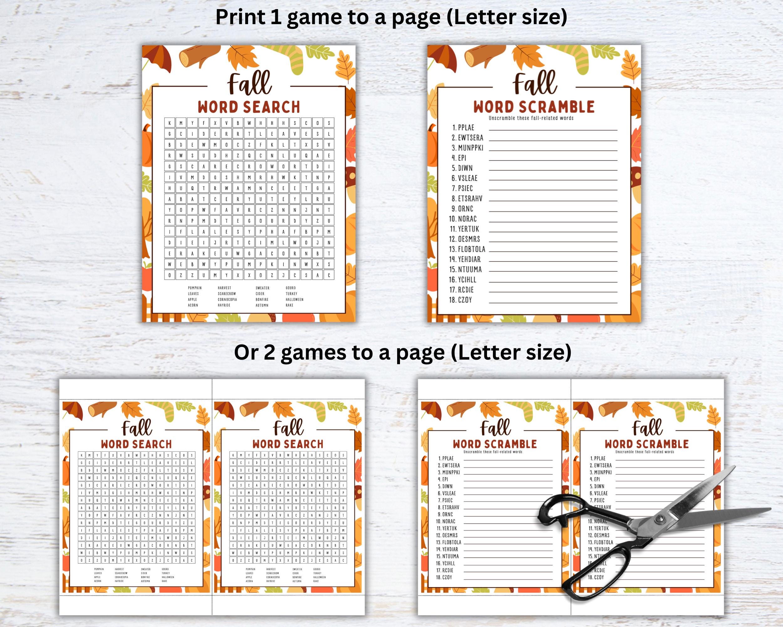 Fall Word Search & Word Scramble Puzzle, Printable Fall Games, Autumn ...