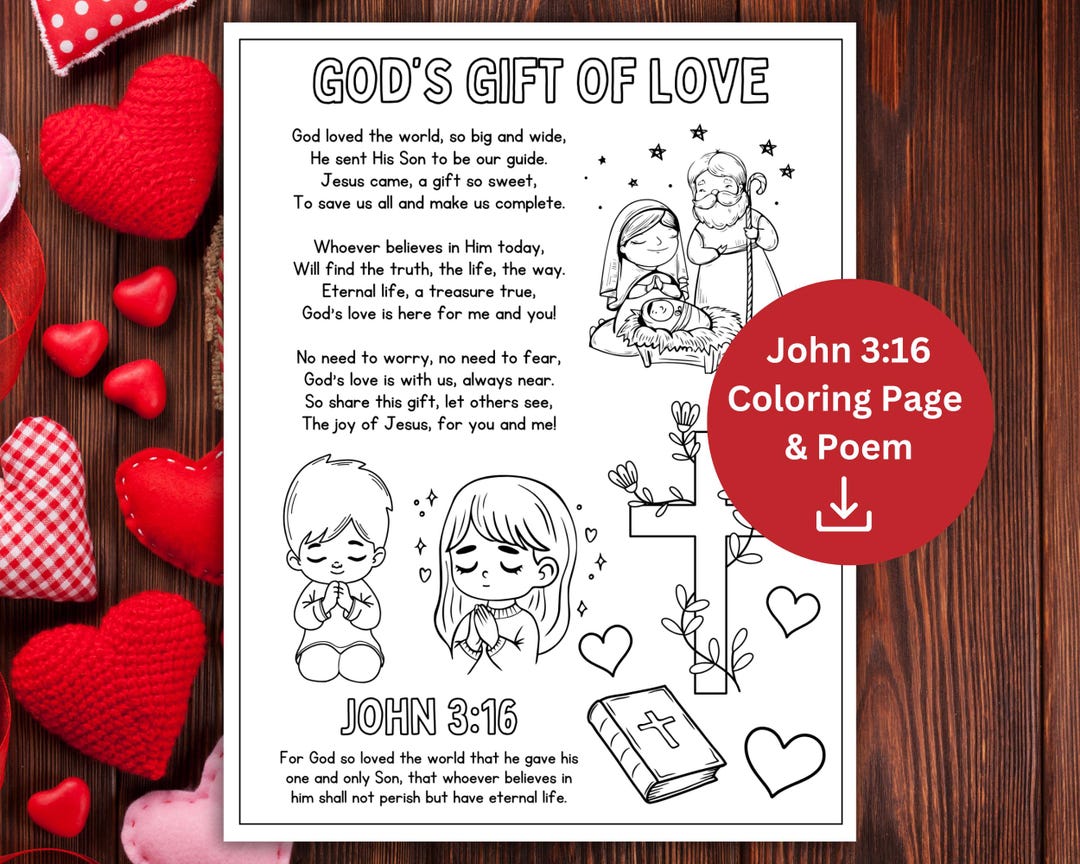 John 3:16 Printable Coloring Page, Valentine's Day Bible Activity, God ...