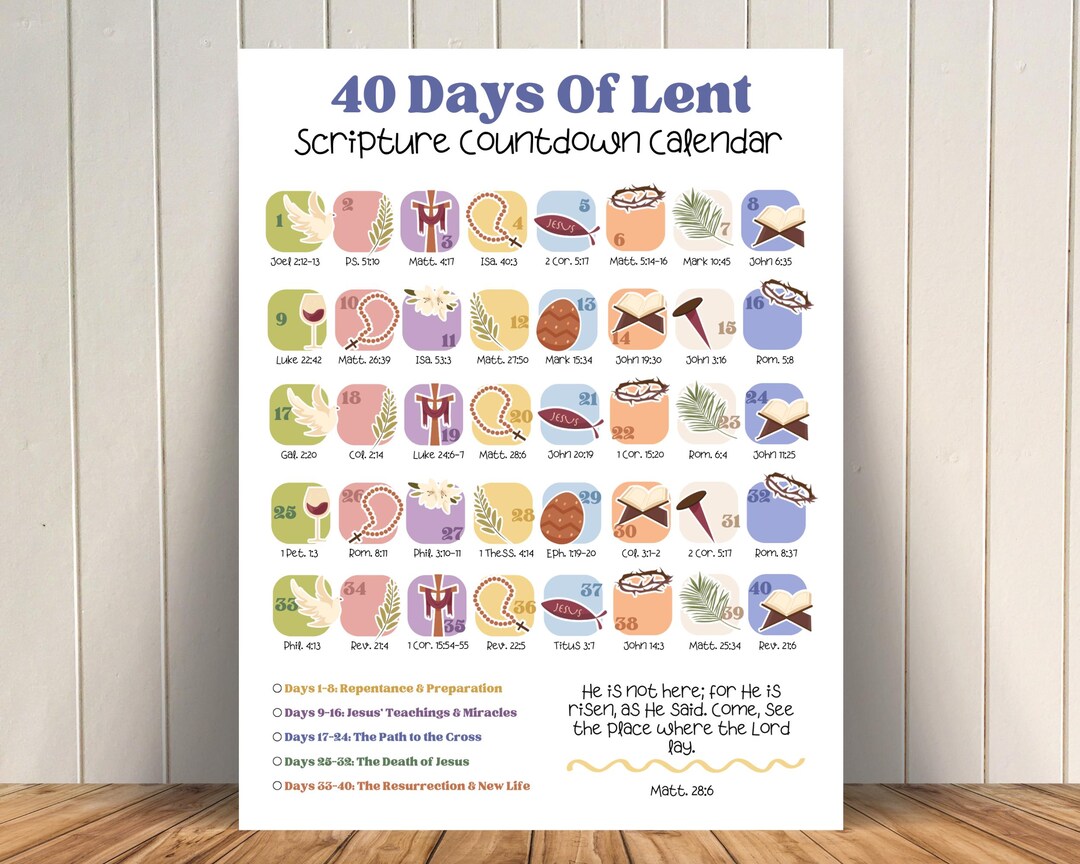 Lent Scripture Calendar Printable, Lent Countdown Calendar, Easter ...