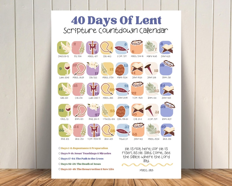 Lent Scripture Calendar Printable, Lent Countdown Calendar, Easter ...