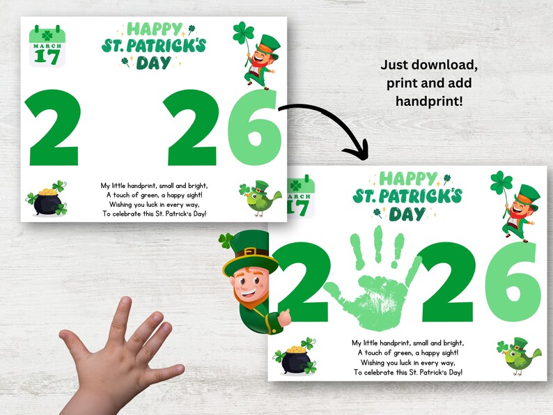 St. Patrick's Day Handprint Art, 2026 Kids Toddler Handprint Craft ...