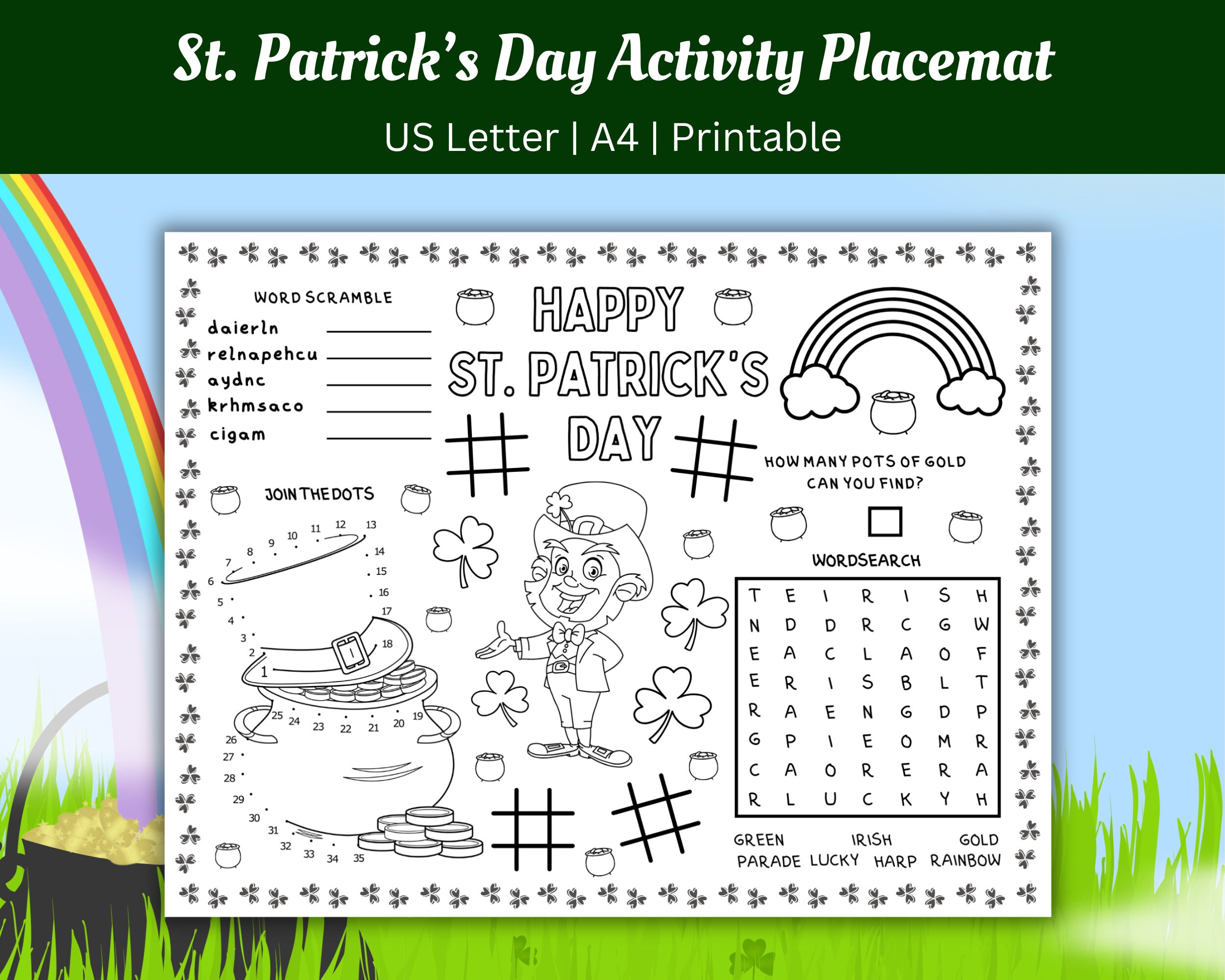 St. Patrick's Day Activity Placemat, Printable, Leprechaun Coloring ...