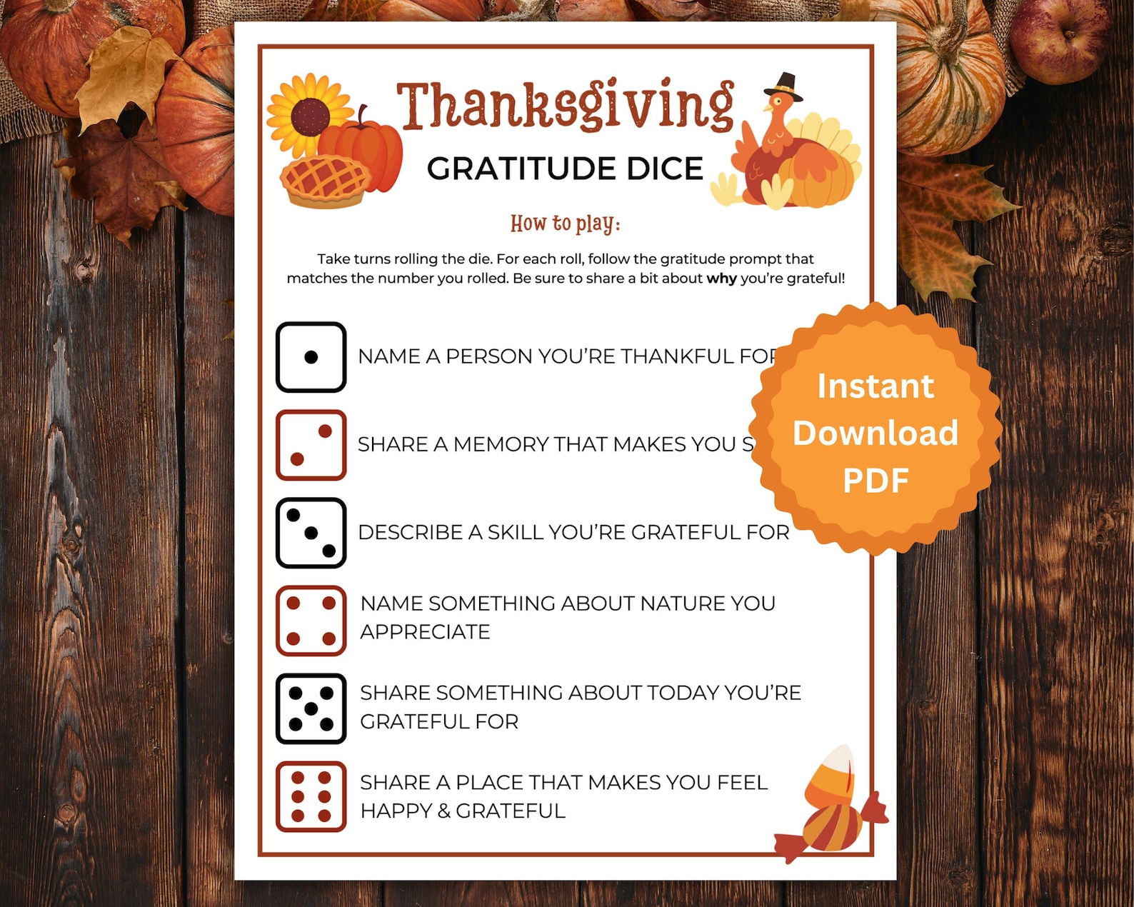 Thanksgiving Gratitude Dice Game, Printable Thanksgiving Game for Kids ...