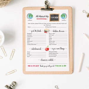 All About My Teacher Printable Questionnaire, Teacher Favorite Things ...