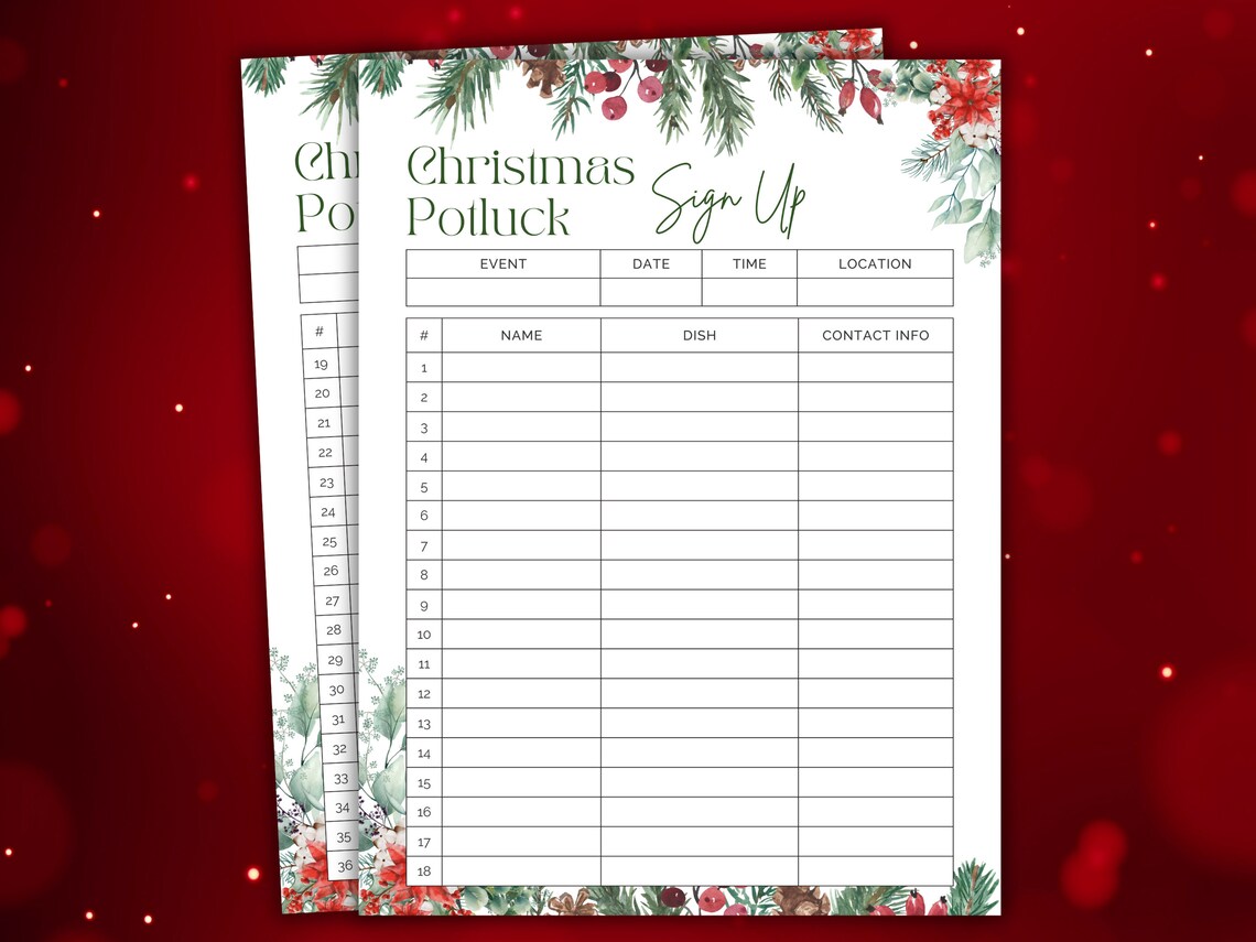 Christmas Potluck Sign up Sheet, Printable Potluck List, Potluck ...