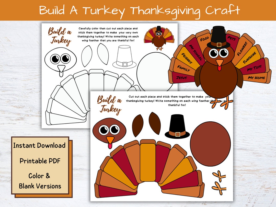 Build A Turkey Craft for Kids, Thankful Turkey, Printable Thanksgiving ...